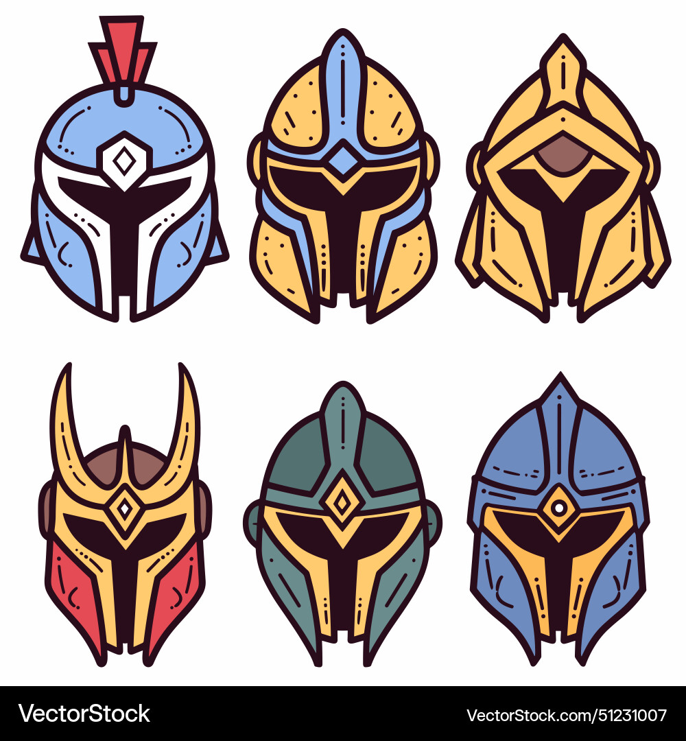 Six stylized warrior helmets design distinct Vector Image