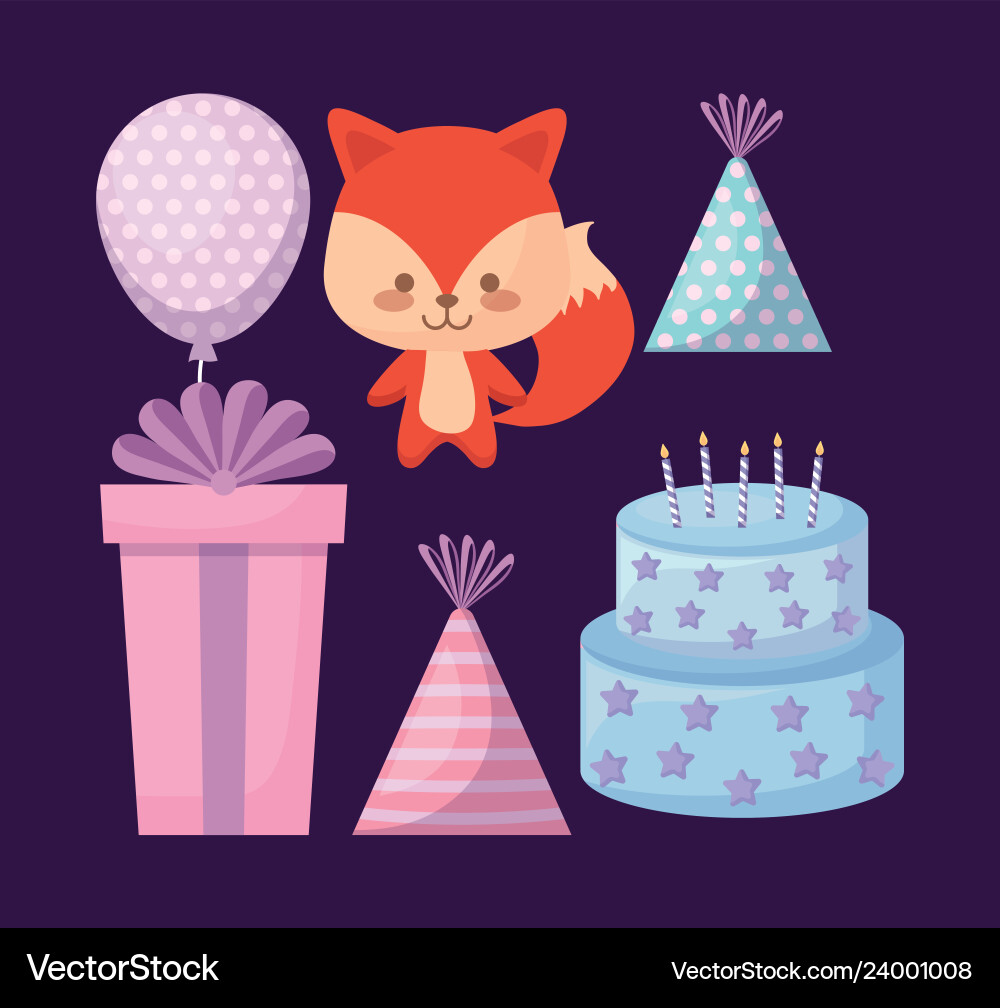 Cute fox and set icons party Royalty Free Vector Image