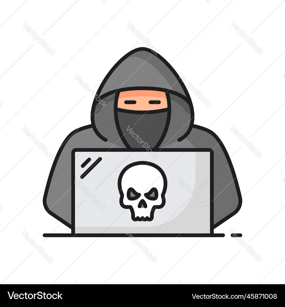 Hacker using laptop with skull planning attack Vector Image Hacker using laptop with skull planning attack Vector Image