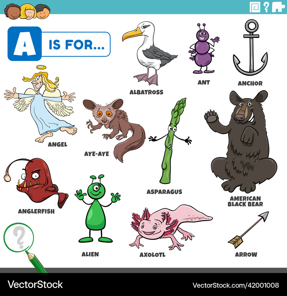 Letter a words educational set with cartoon – Royalty-Free Vector ...