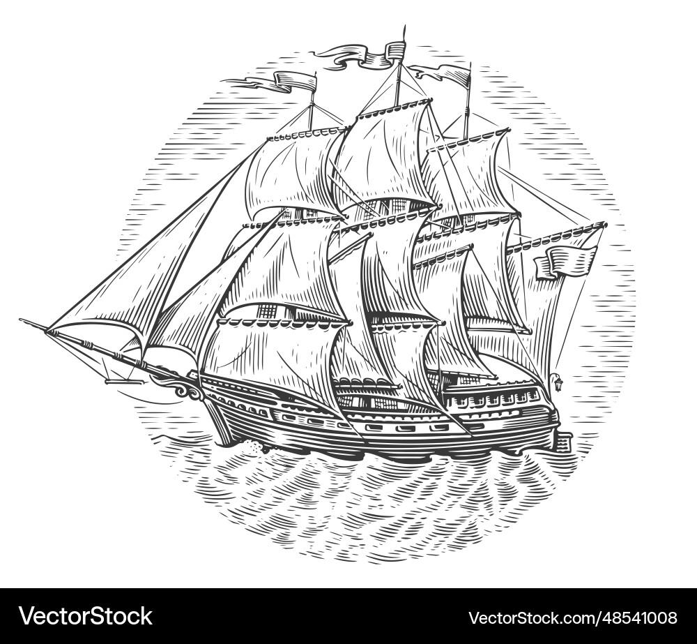 Ship frigate sailboat old sketch hand drawn Vector Image