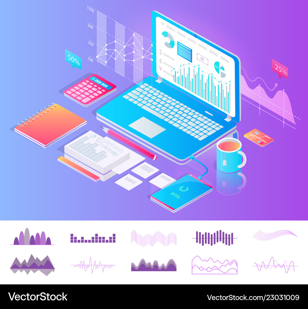 Laptop on desktop with diagrams workplace concept Vector Image