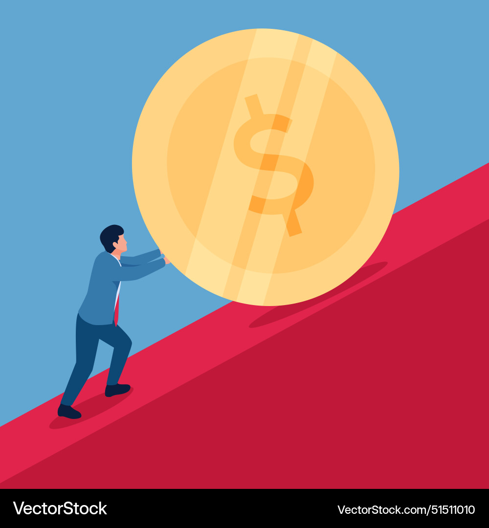 Man pushing big coin up for hard work Royalty Free Vector
