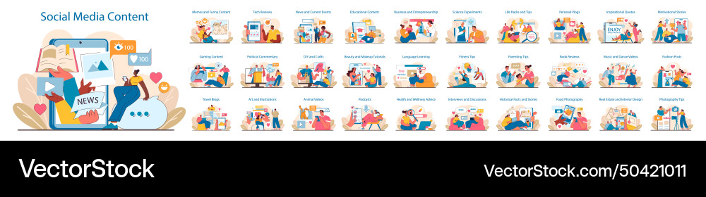 Social media content set diverse online Royalty Free Vector