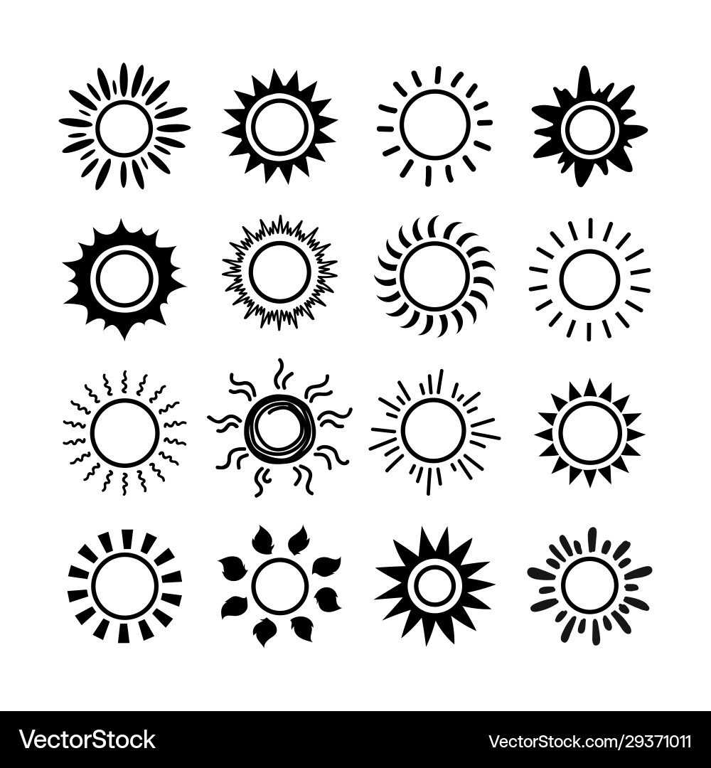 Sun symbol icon set summer spring sunshine rays Vector Image