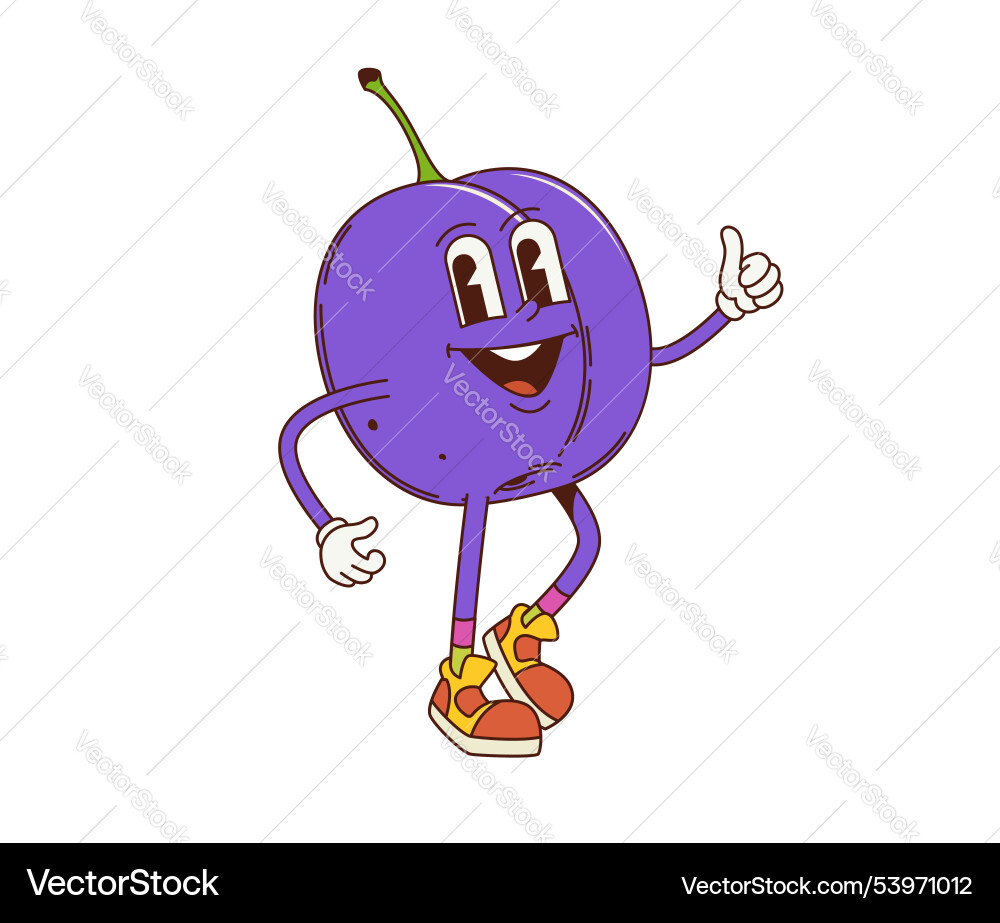 Cartoon retro groovy plum fruit funky character Vector Image