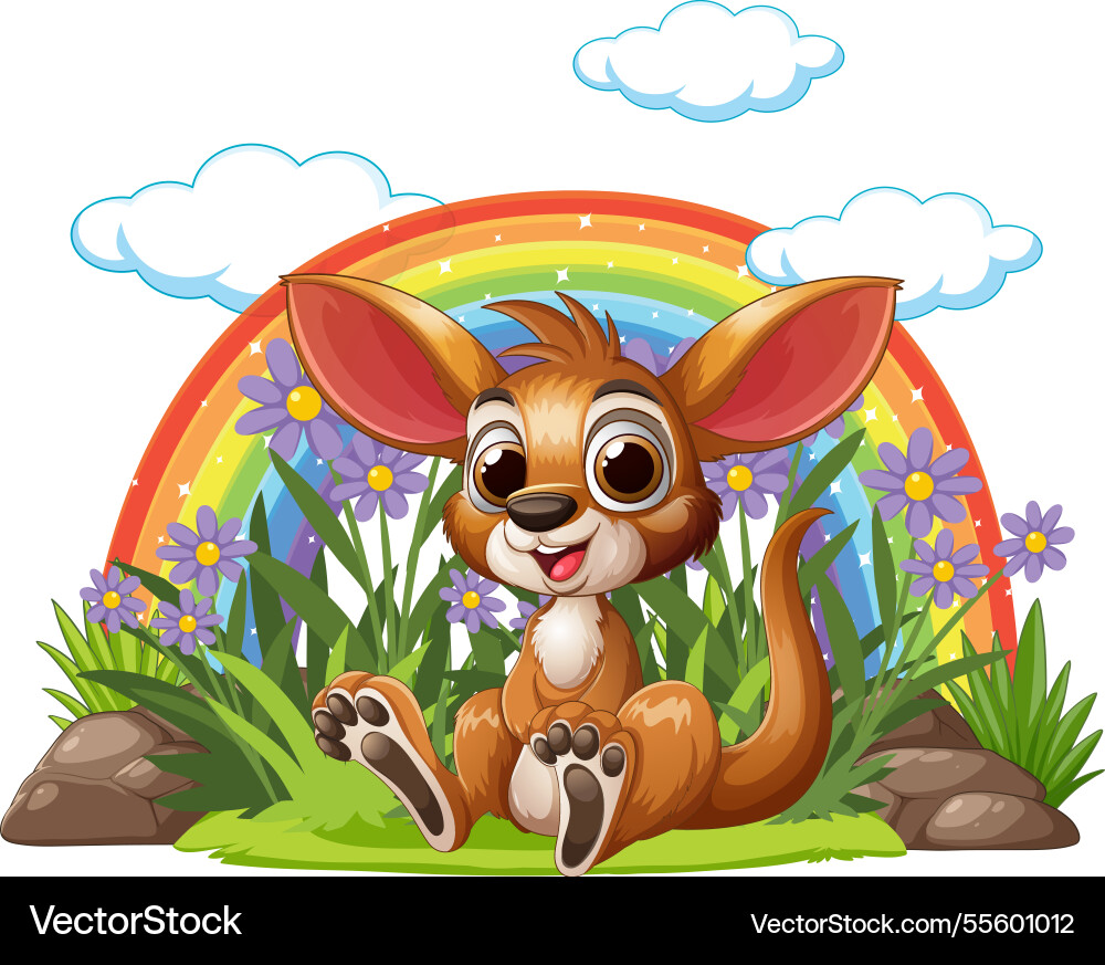 Happy kangaroo sitting with rainbow and flowers Vector Image