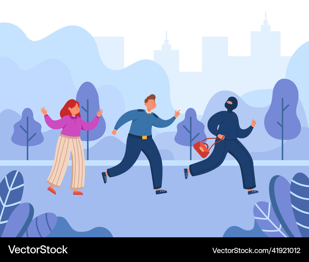 Police officer running after thief with bag Vector Image