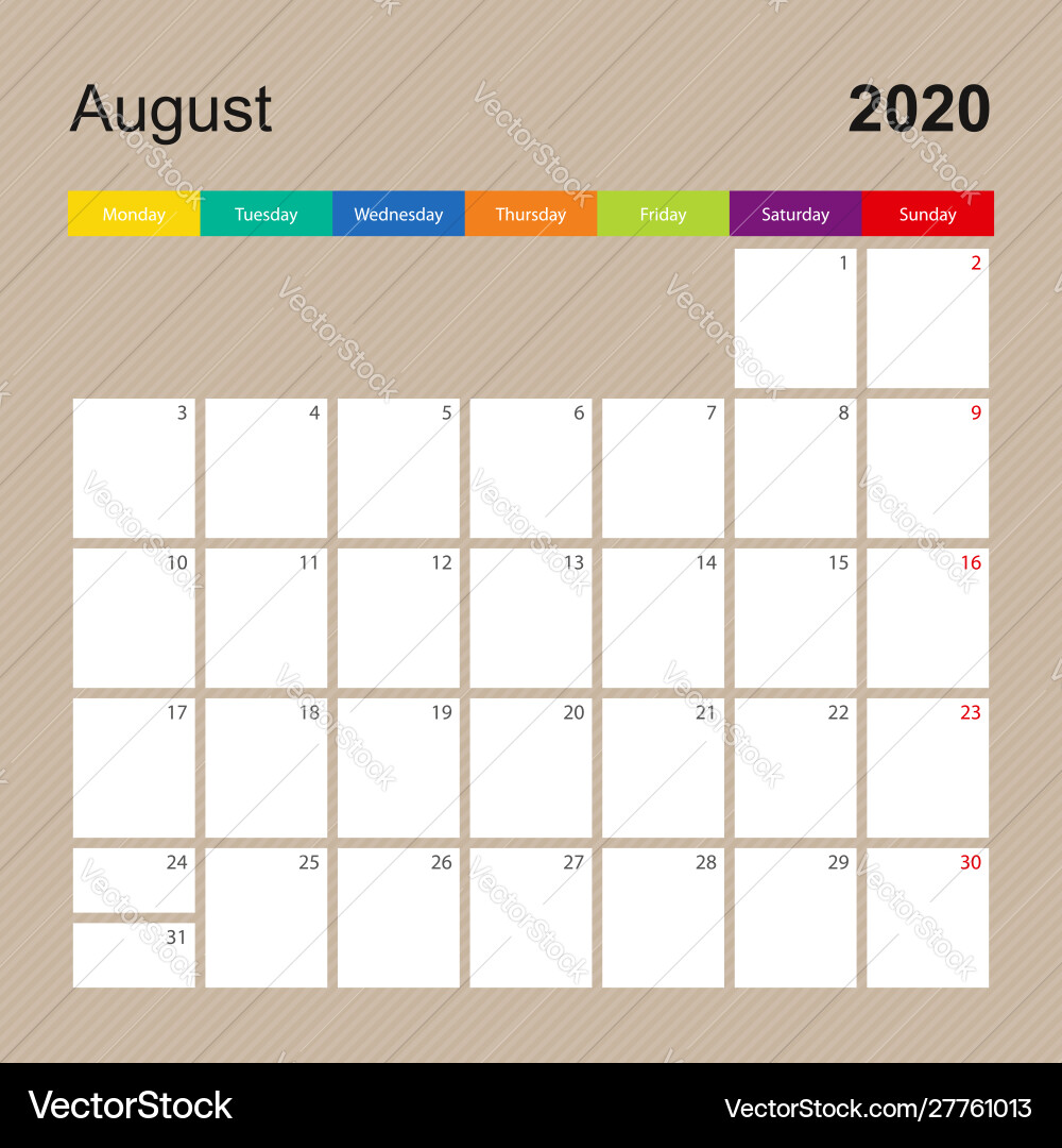 Calendar page for august 2020 wall planner Vector Image