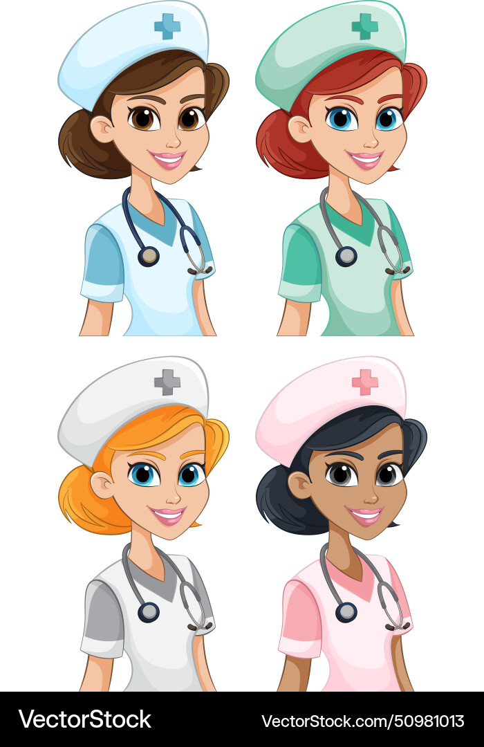 Four cartoon female nurses with different Vector Image