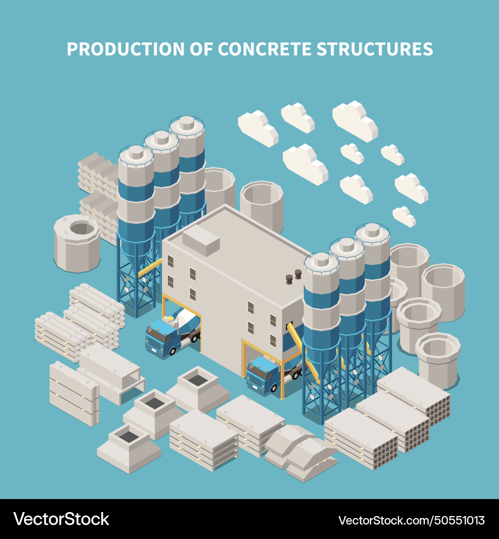 Isometric and colored concrete cement production Vector Image