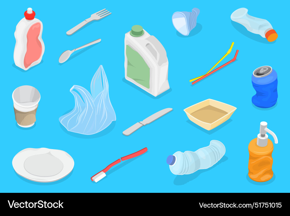 3d isometric flat set of plastic waste Royalty Free Vector