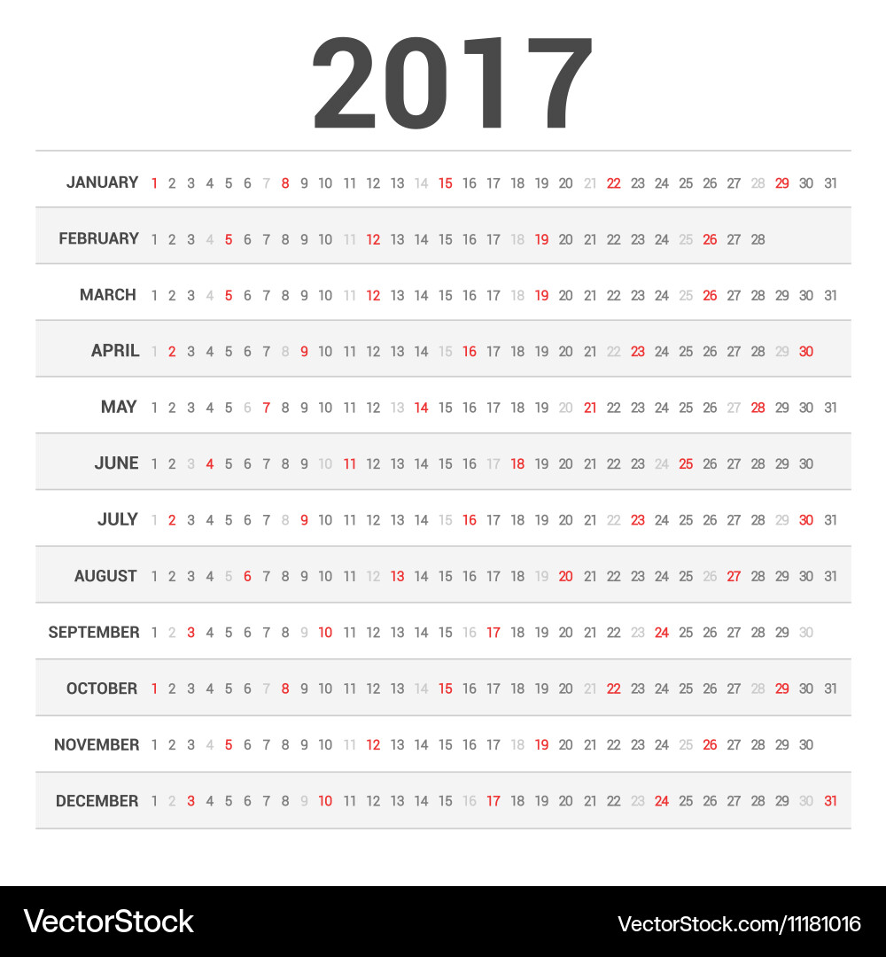 Calendar 2017 in horizontal design Royalty Free Vector Image