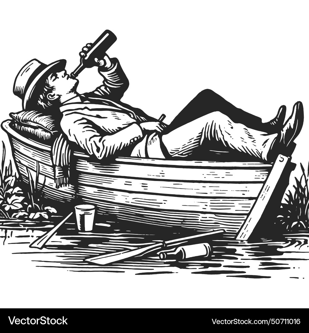 Man relaxing in boat with bottle engraving Vector Image