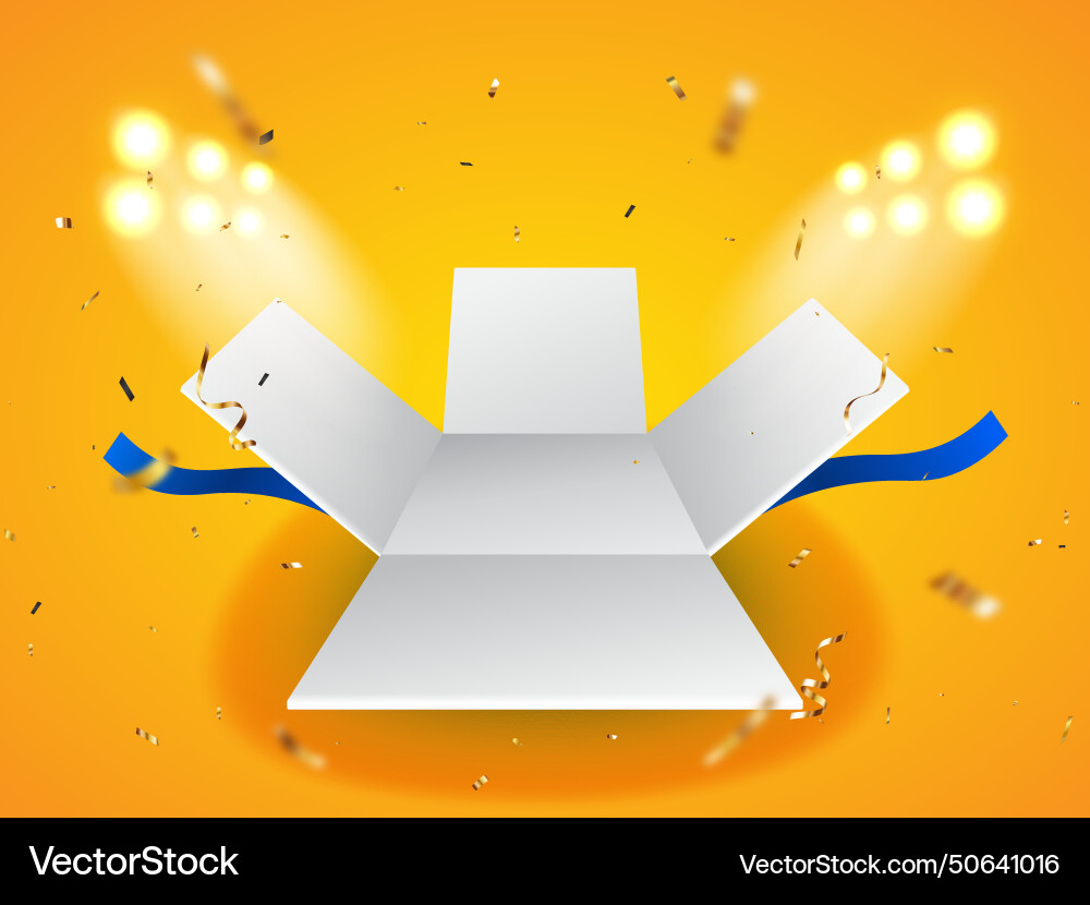 Open box with gold confetti and light effect Vector Image