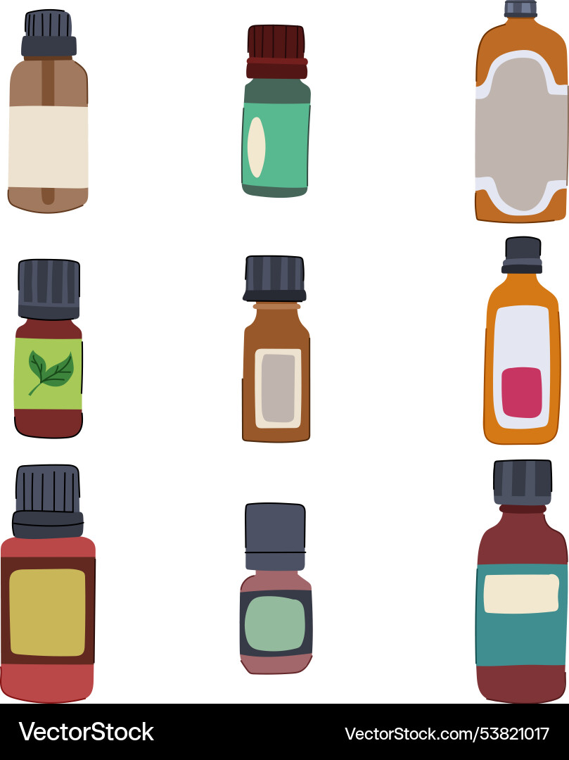 Essential oil bottle set cartoon Royalty Free Vector Image
