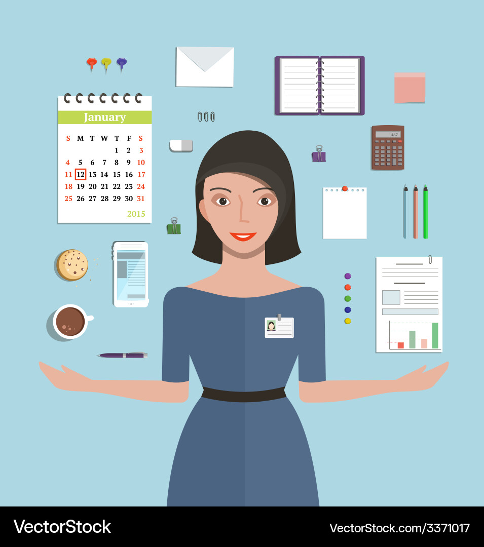 Office manager woman working and supplies objects Vector Image