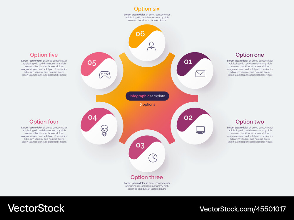 Six option circle infographic diagram Royalty Free Vector