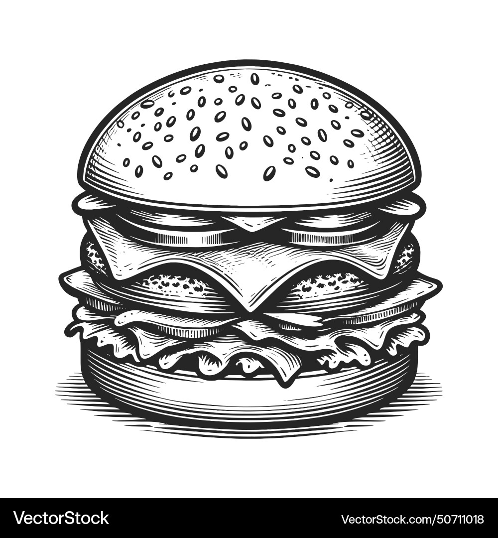 Classic cheeseburger engraving sketch Royalty Free Vector