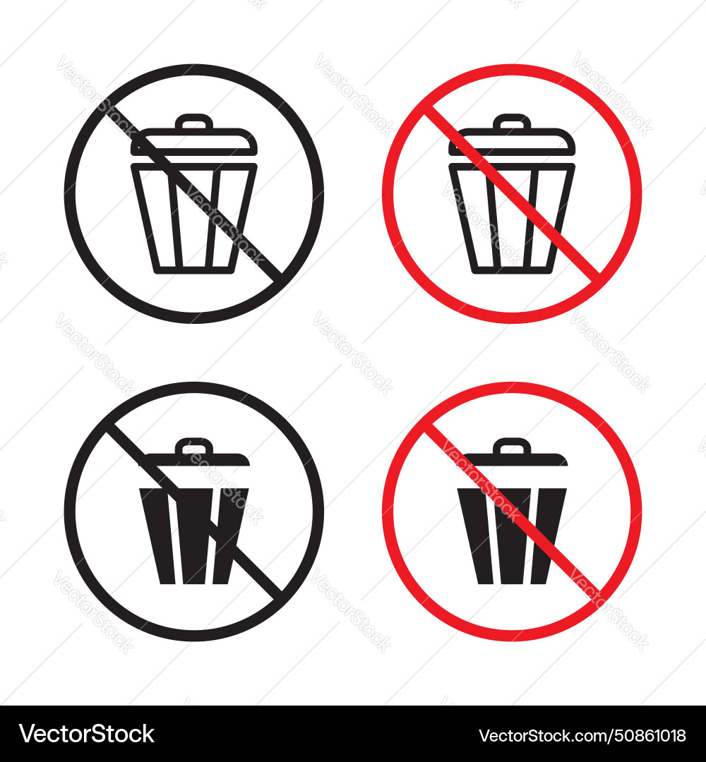 No trash sign icon set ban on littering Royalty Free Vector