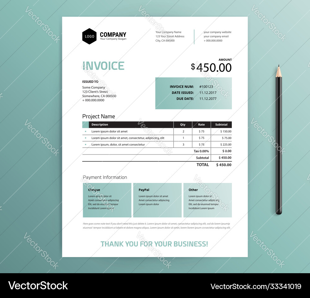 Invoice form design template - green business Vector Image