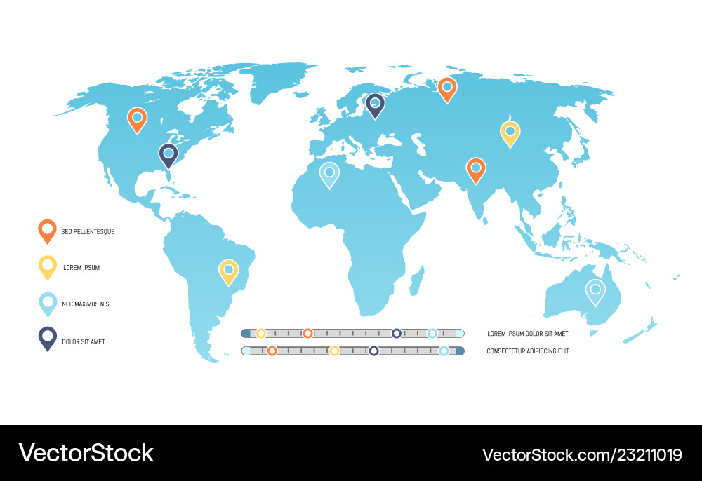 World map with location pointers and scale chart Vector Image