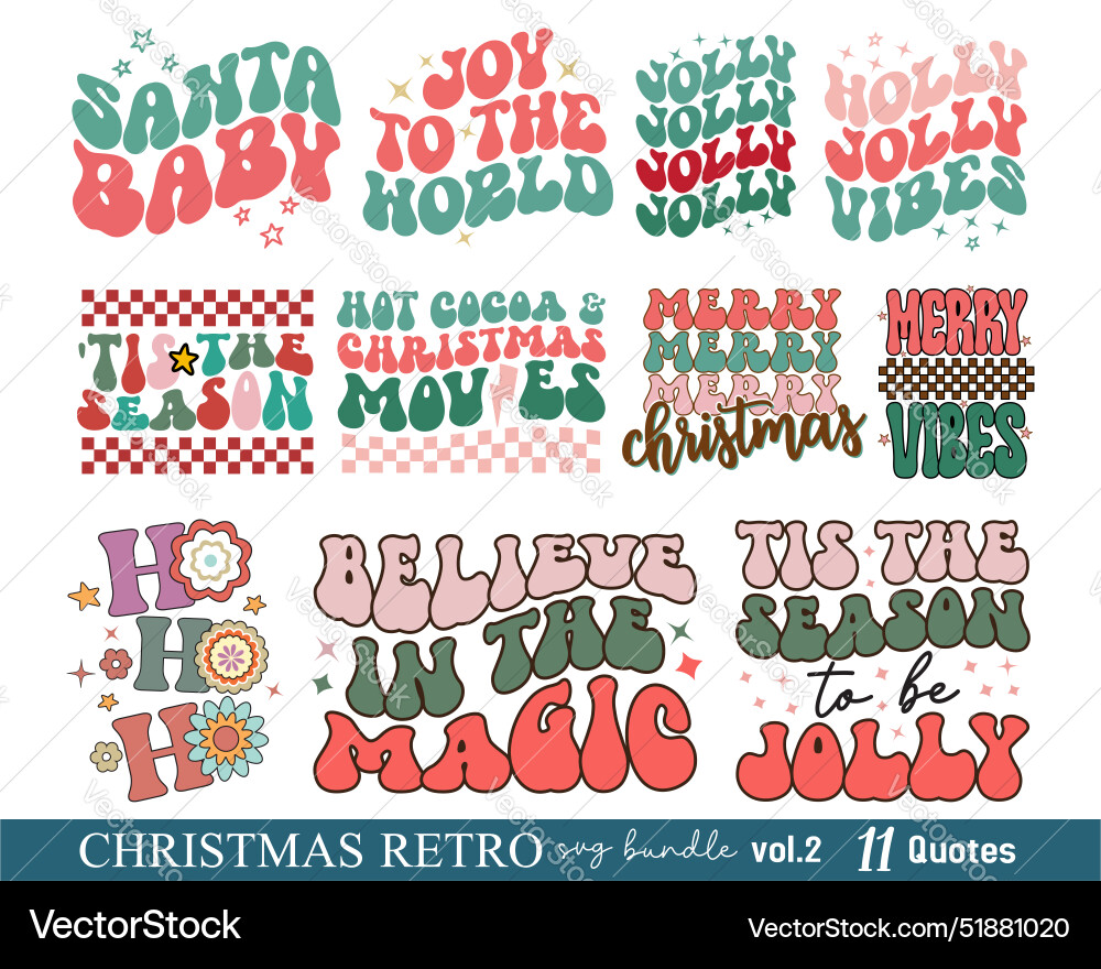 Cute christmas sayings retro wavy lettering bundle