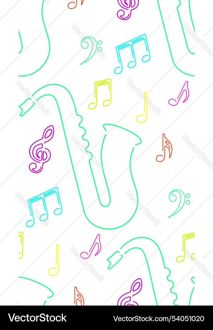 Neon saxophone with music notes seamless pattern Vector Image