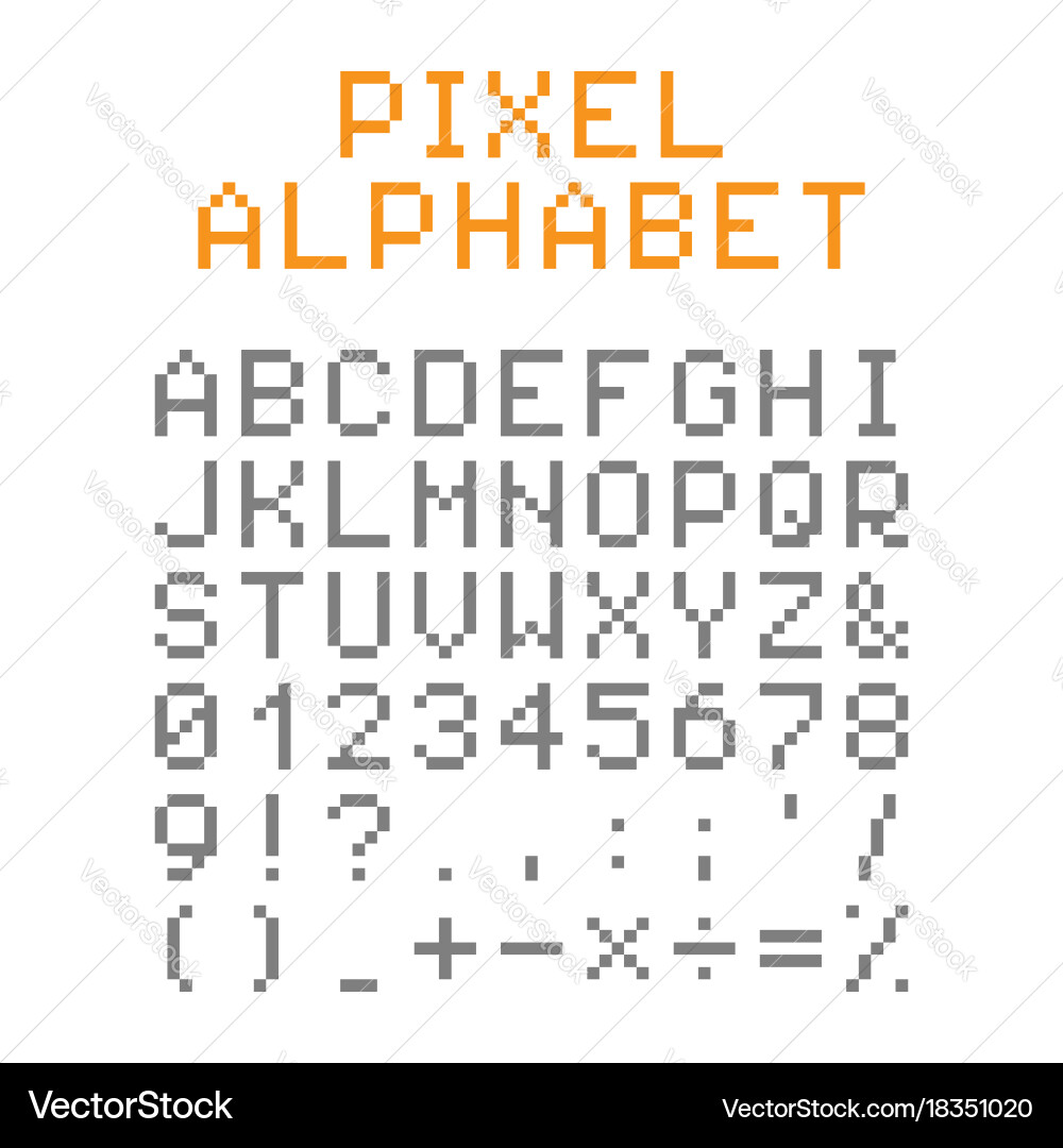 Pixel english alphabet and numbers Royalty Free Vector Image