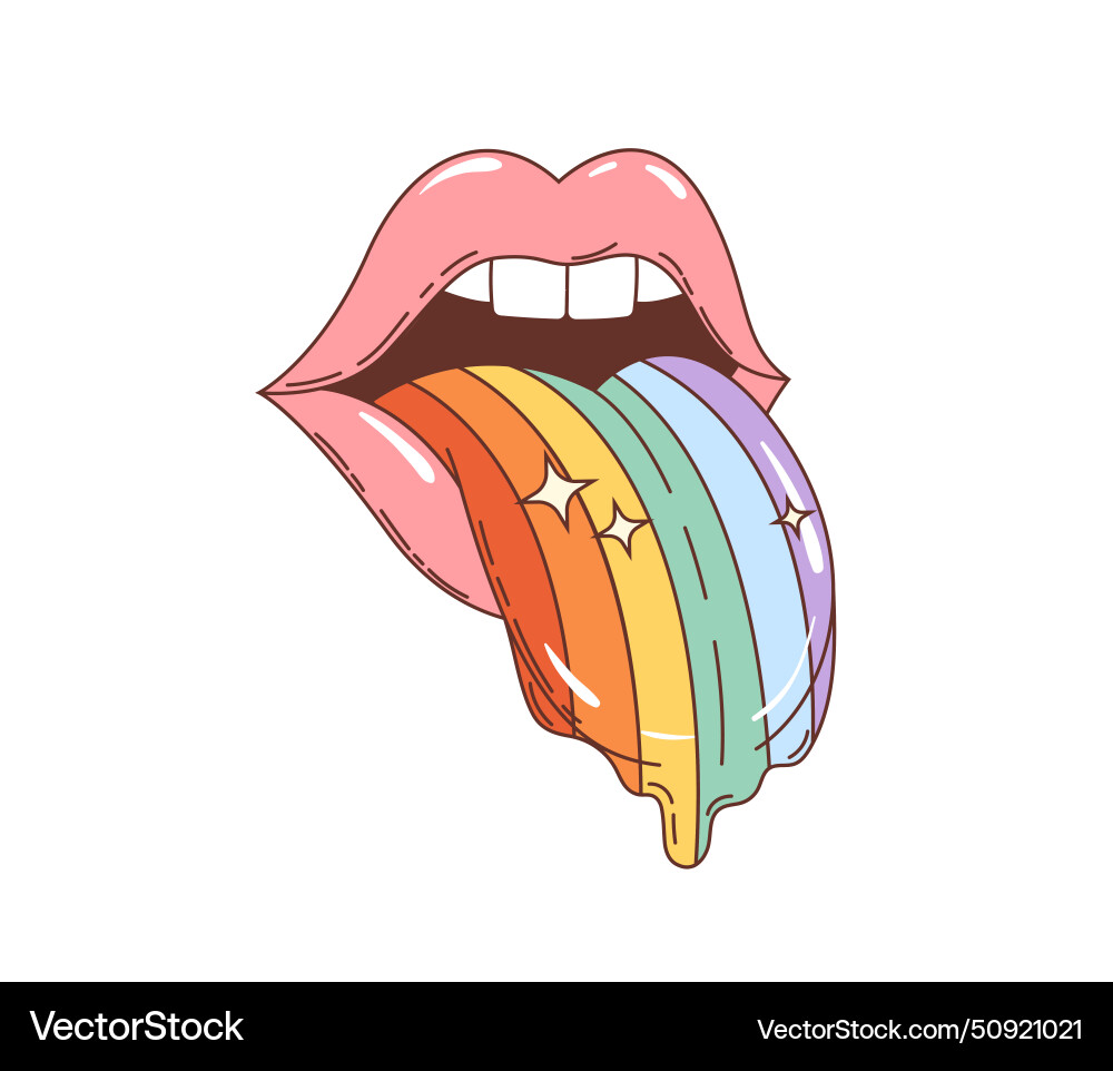 Cartoon hippie groovy lips with rainbow tongue Vector Image
