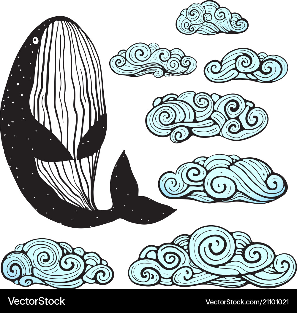 Whimsical Whale with Swirl Clouds Royalty Free Vector Image