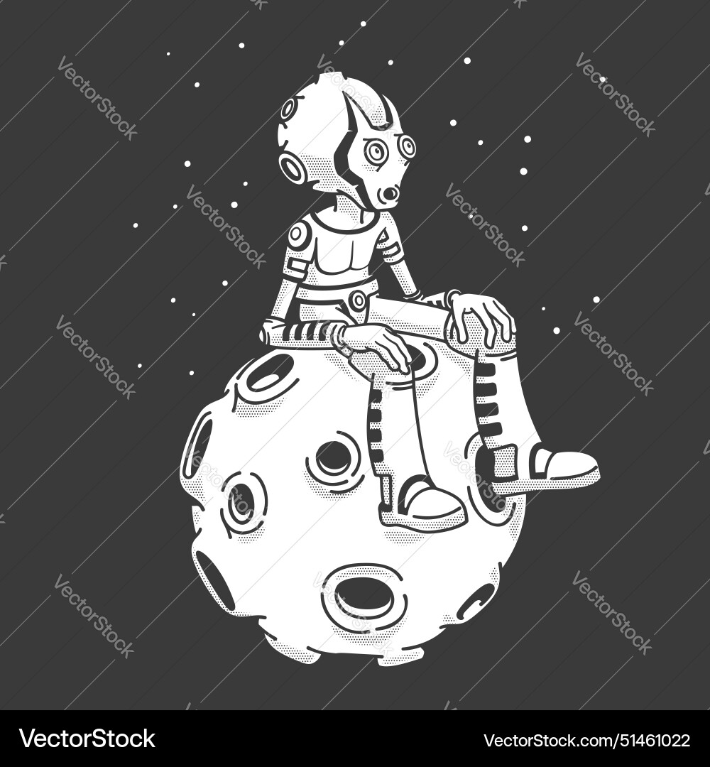 Alien sitting on a moon in space Royalty Free Vector Image