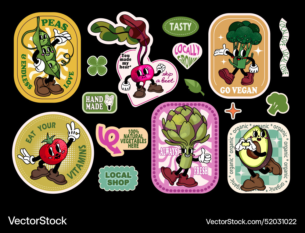 Funny cartoon vegetables characters sticker set Vector Image