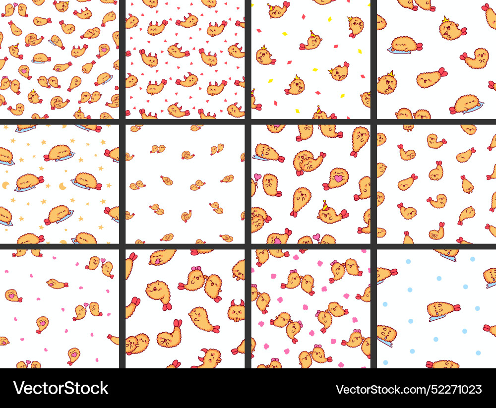 Funny tempura shrimp characters seamless pattern Vector Image