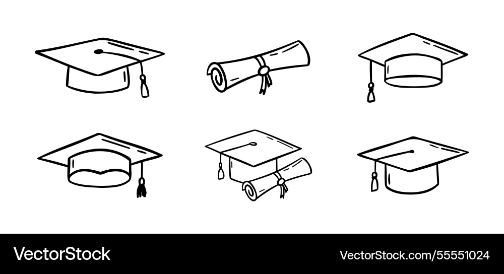 Graduation hat set hand drawn doodle Royalty Free Vector