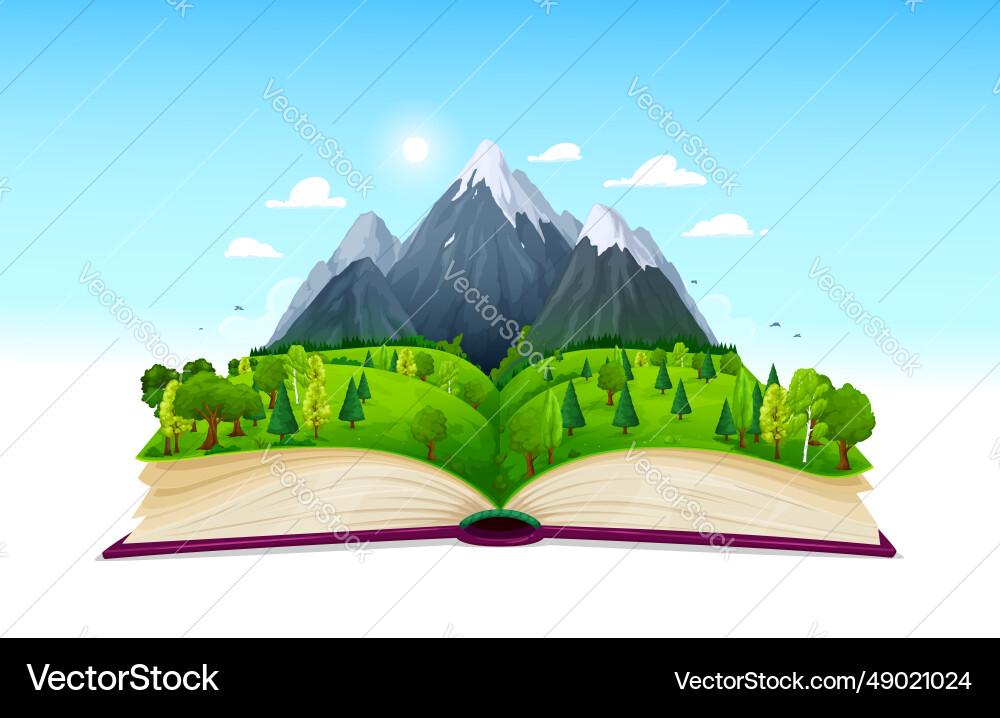 Open nature book mountains and forest landscape Vector Image
