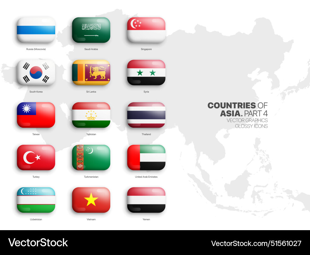 All asian countries flags 3d rounded glossy icons Vector Image