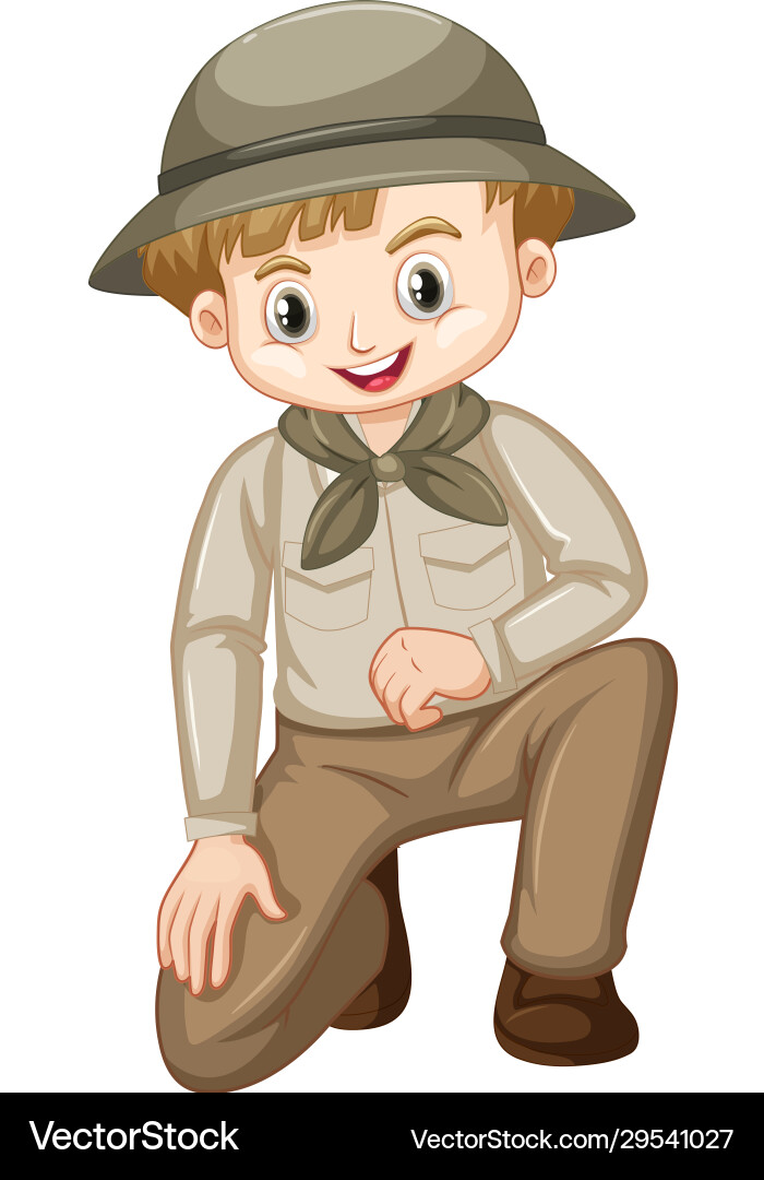 Boy in scout uniform sitting on one knee Vector Image