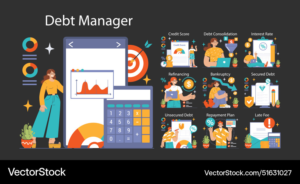 Debt management dark or night mode set Royalty Free Vector