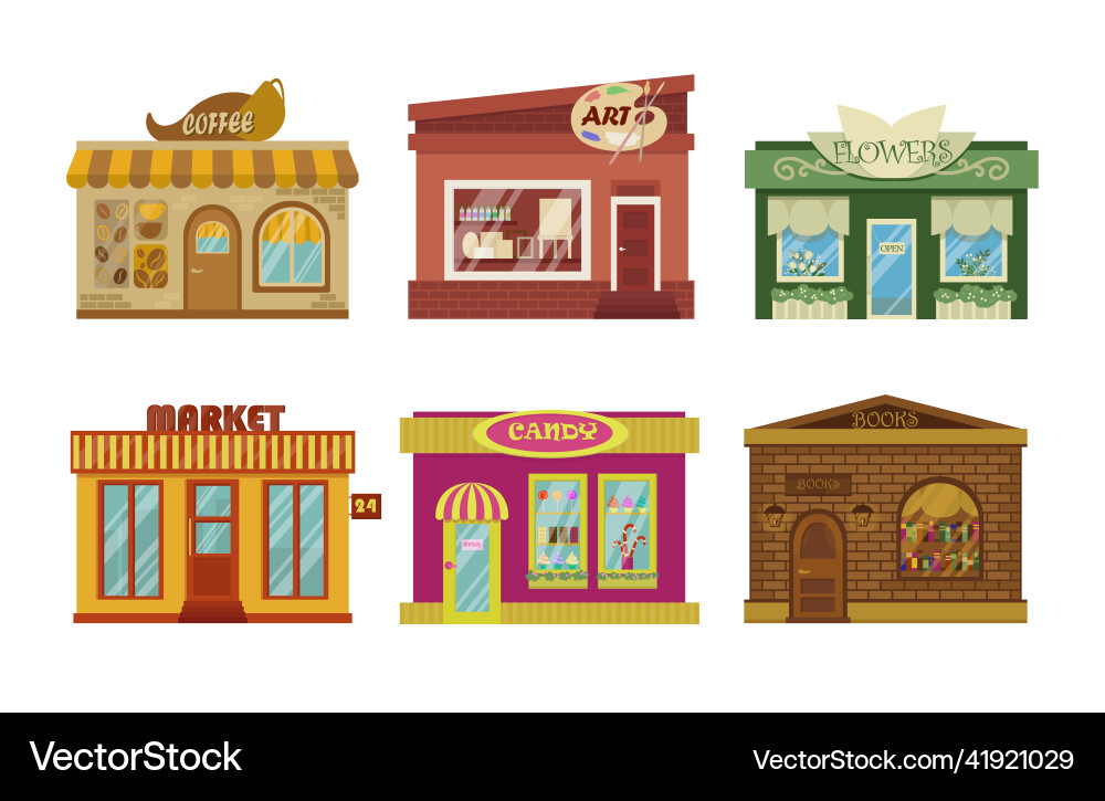 Shop building facades cartoon set Royalty Free Vector Image