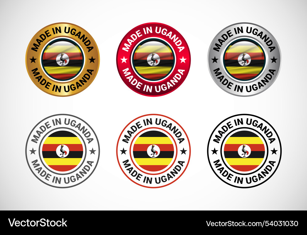 Made in uganda label icon with flag set Royalty Free Vector