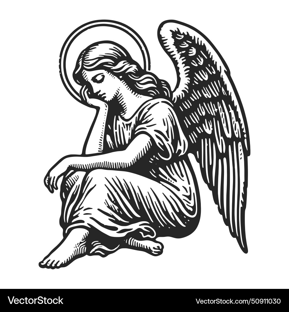 Pensive bored angel sketch Royalty Free Vector Image