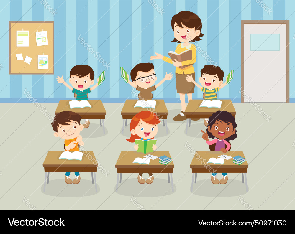 Students and teacher in classroom Royalty Free Vector Image