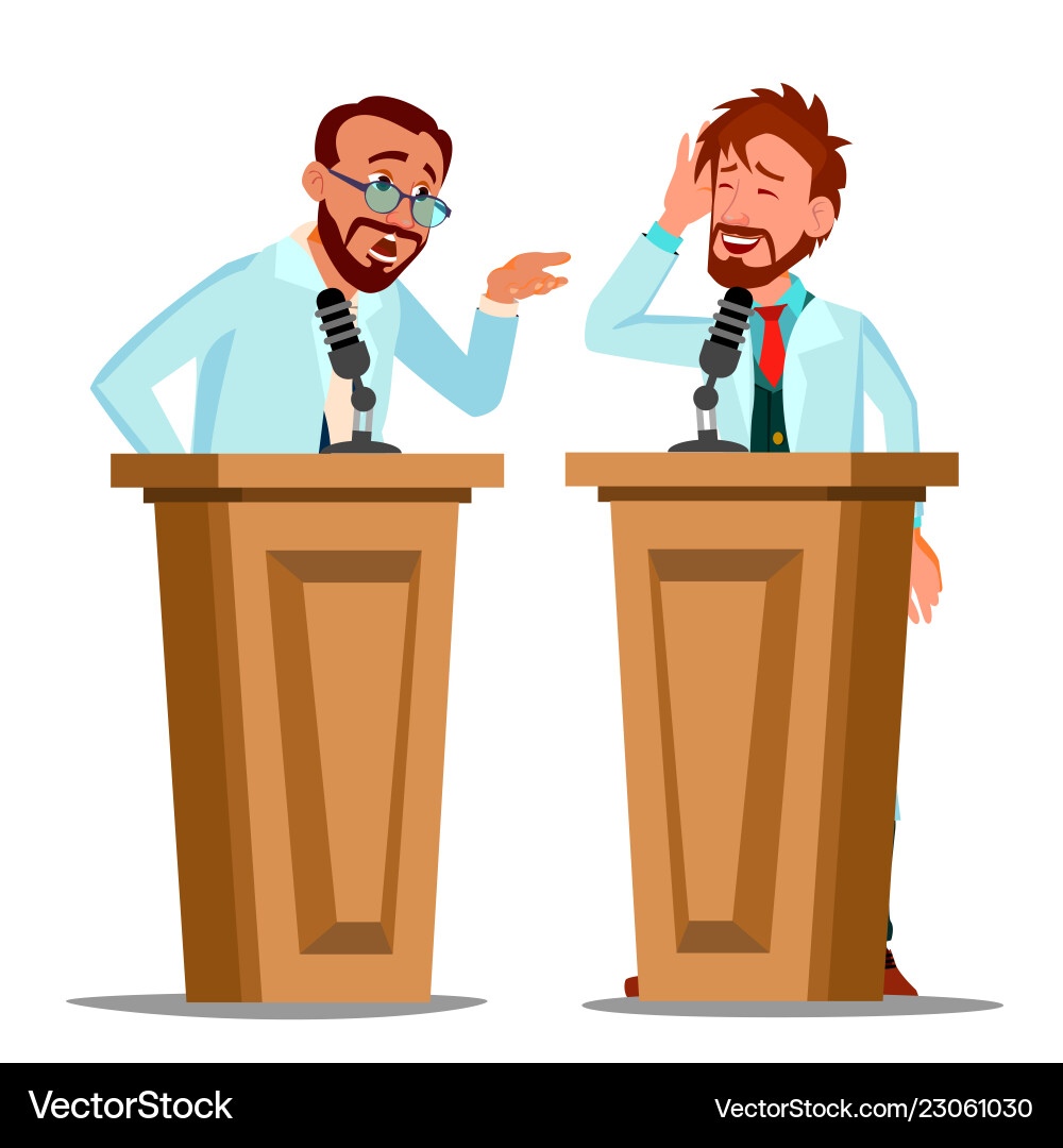 Two talking doctor argue behind tribune Royalty Free Vector