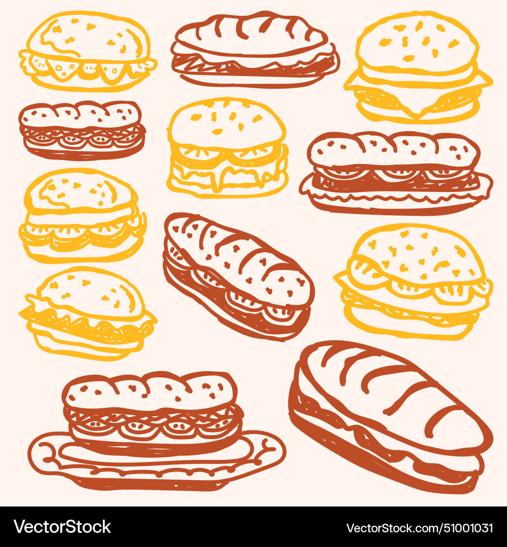 Burger and sandwich outline style Royalty Free Vector Image