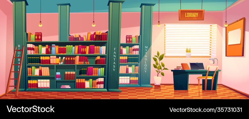 Library with books on shelves and desk for study Vector Image
