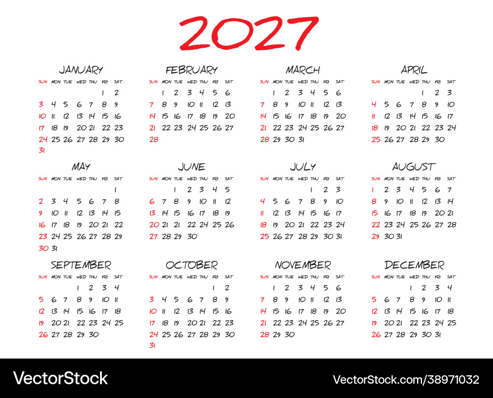 Monthly calendar template for 2027 year Royalty Free Vector