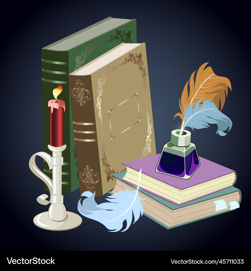 Books and inkwell with feathers Royalty Free Vector Image