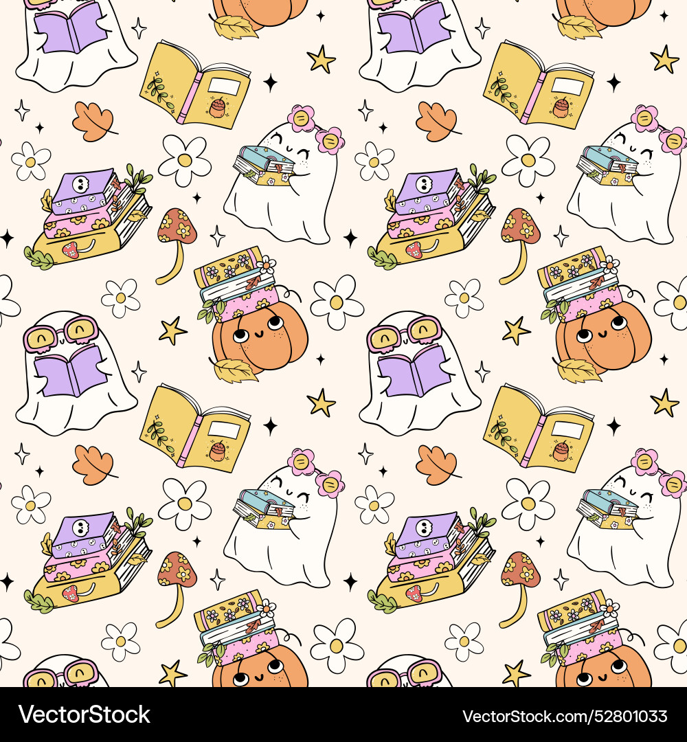 Groovy retro ghost reading book halloween Vector Image