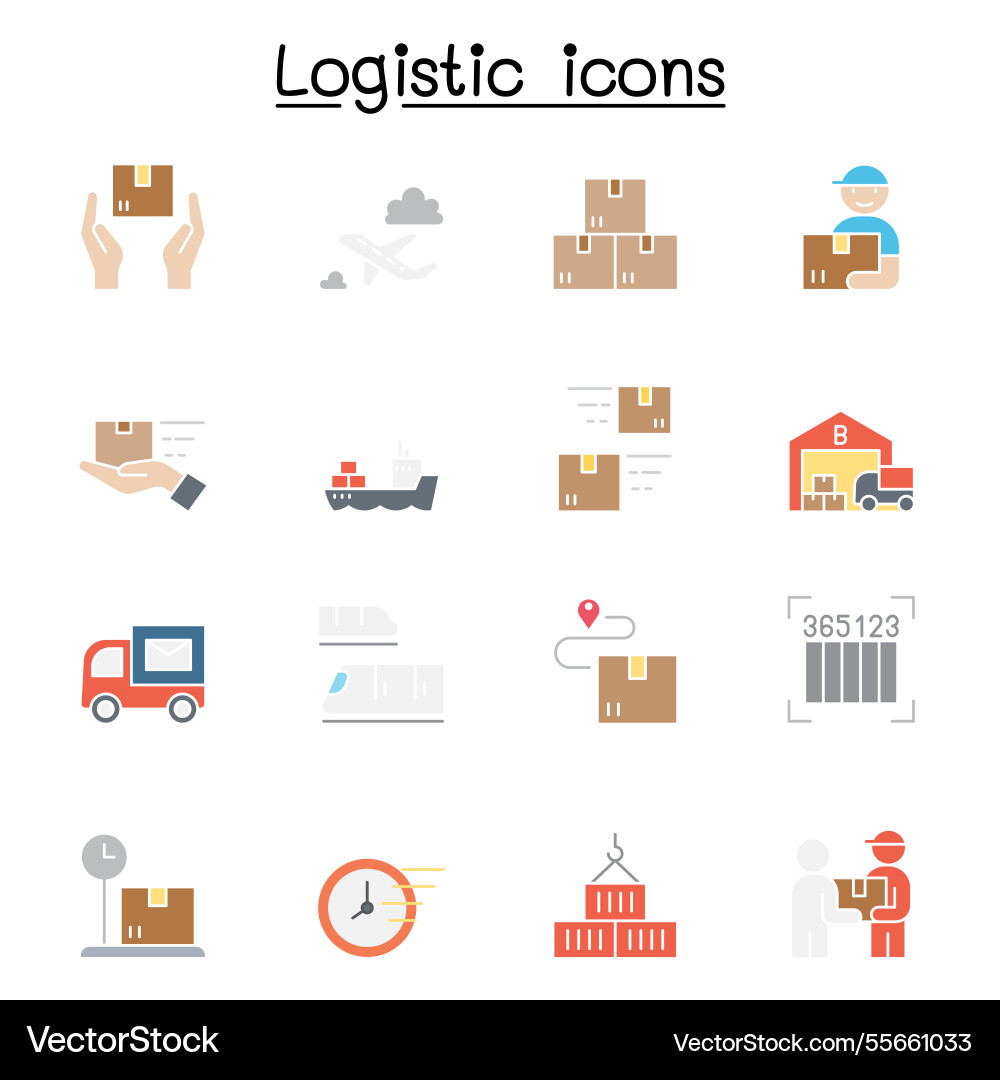 Logistic icon set in flat color style Royalty Free Vector